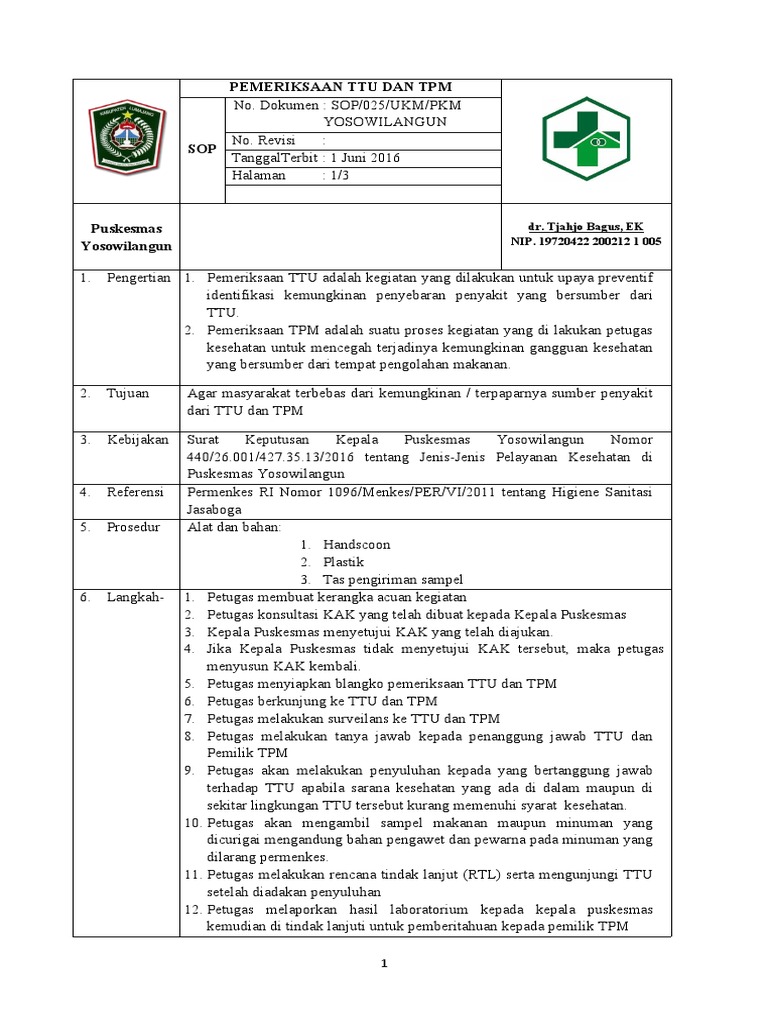 Sop Kesling - Pemeriksaan Ttu Dan TPM | PDF