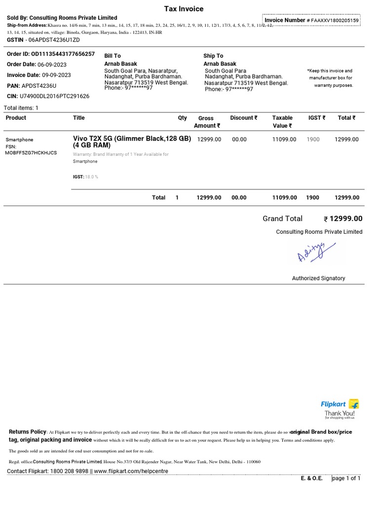 Flipkart Invoice Vivo T2X 5G | PDF | Taxes | Economies