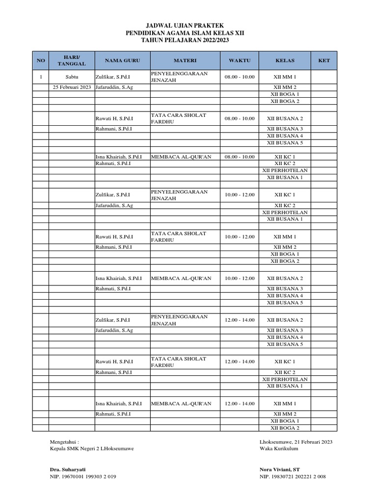 Jadwal Ujian Praktek Pai Kelas Xii 2023-1 | PDF
