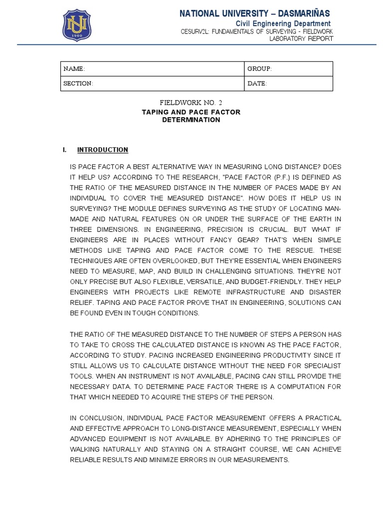 Fieldwork 2 - Taping and Pace Factor Determination | PDF | Surveying ...