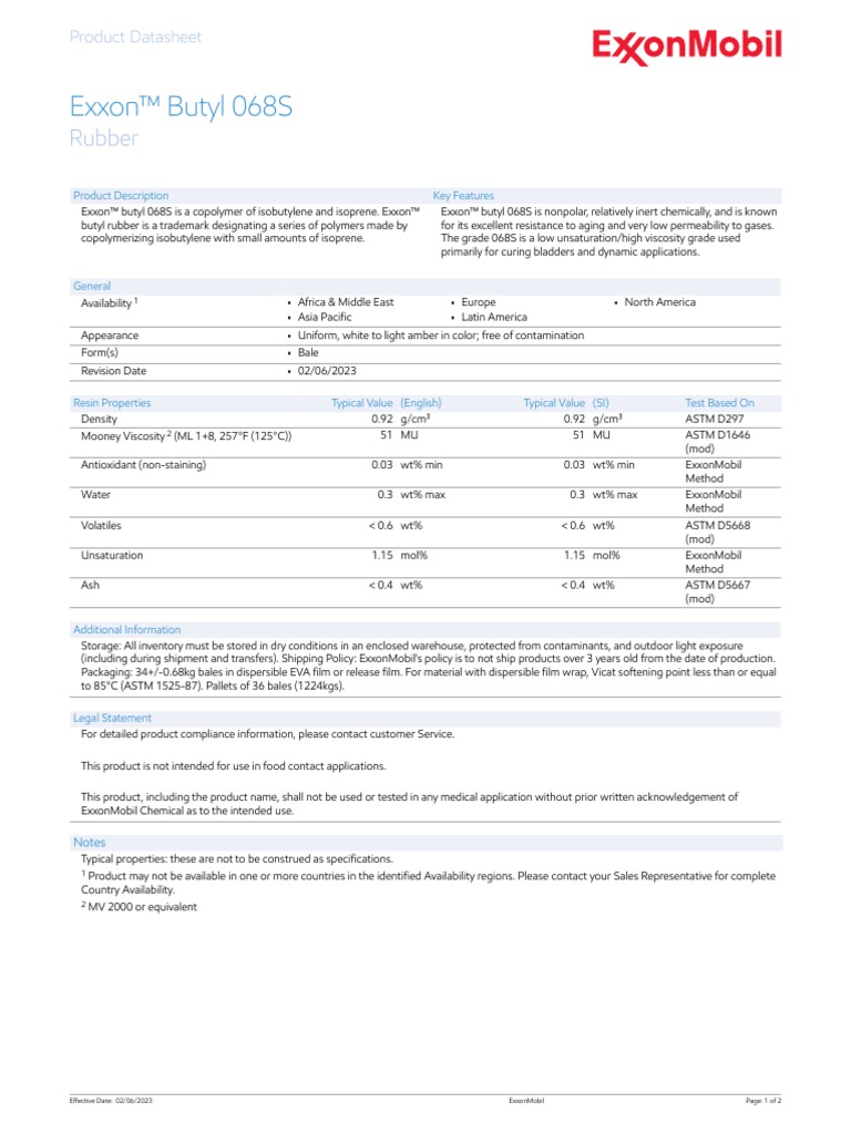 Exxon™ Butyl 068S: Rubber | PDF | Amorphous Solid | Chemistry