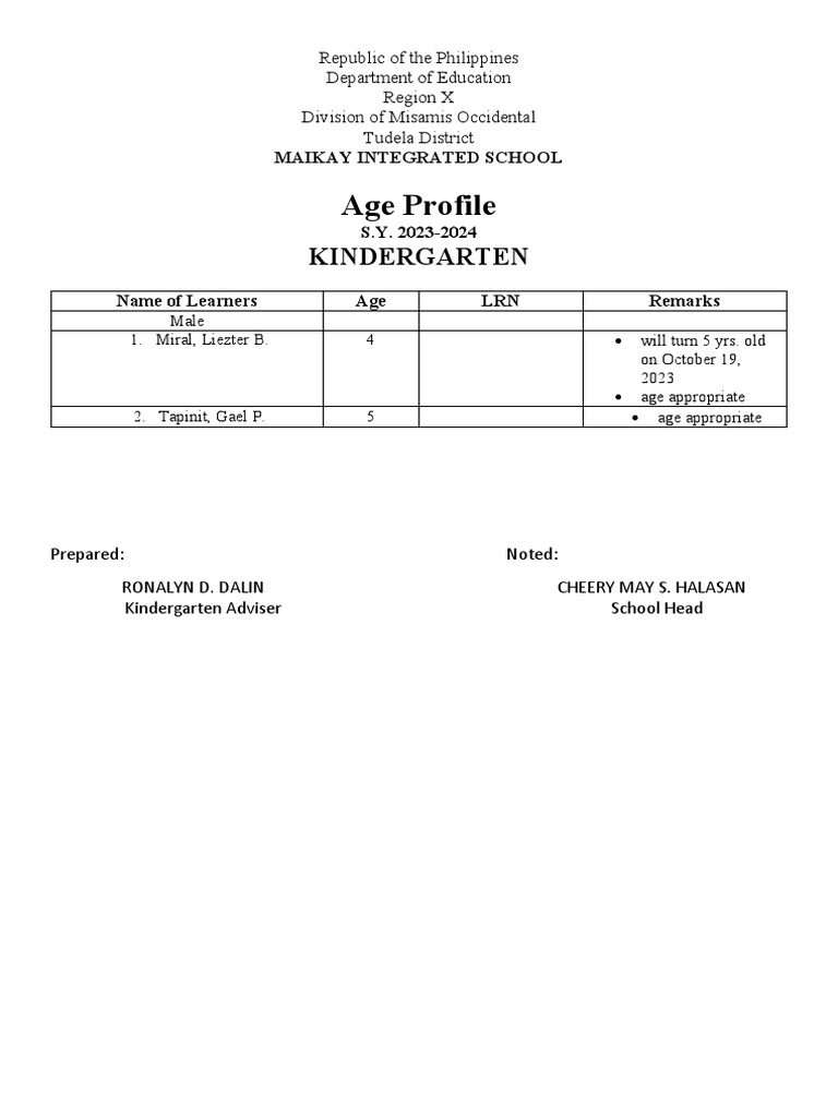 Age Profile 2023 2024 Kinder | PDF