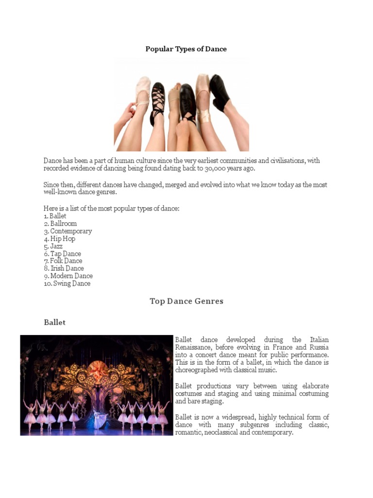 Popular Types of Dance: Ballet | PDF | Ballroom Dance | Dances