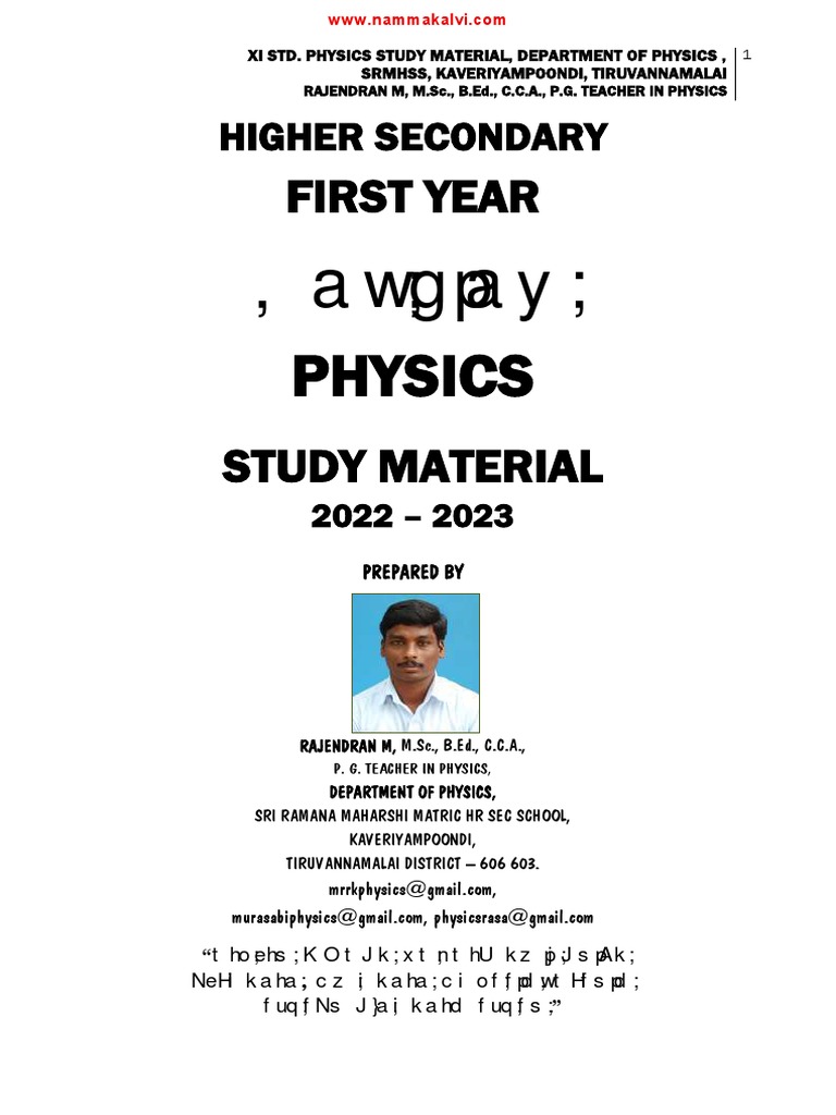 Namma Kalvi 11th Physics Minimum Study Material em 219350 | PDF | Acceleration | Velocity