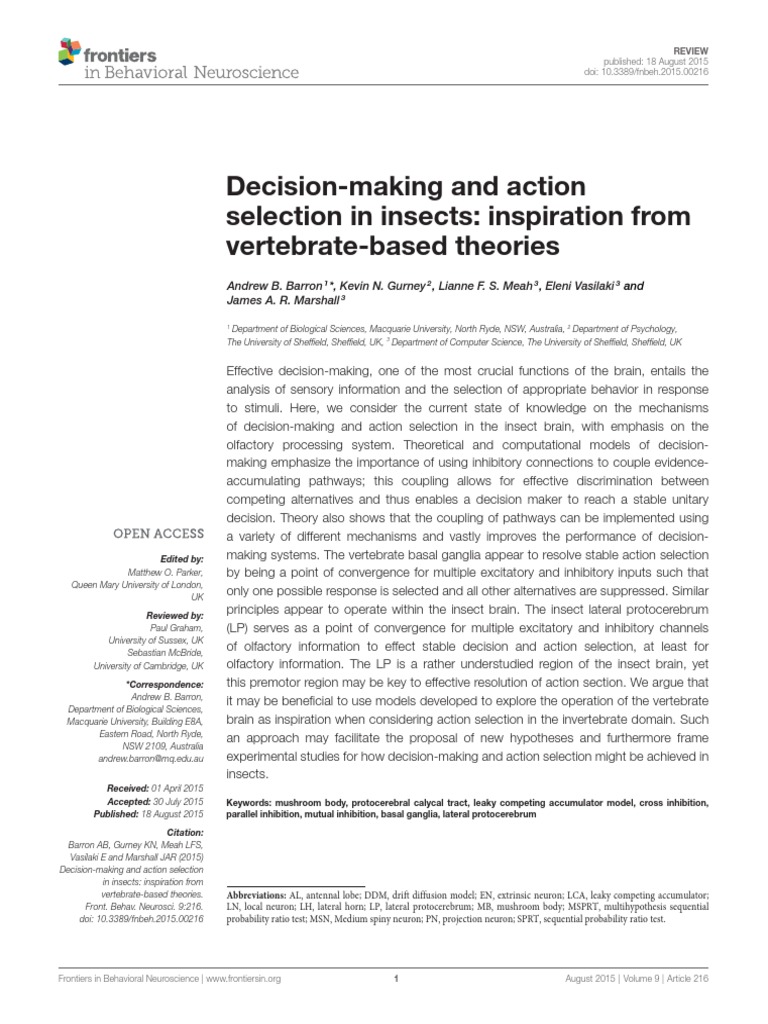 Decision-Making and Action Selection in Insects in | PDF | Basal ...