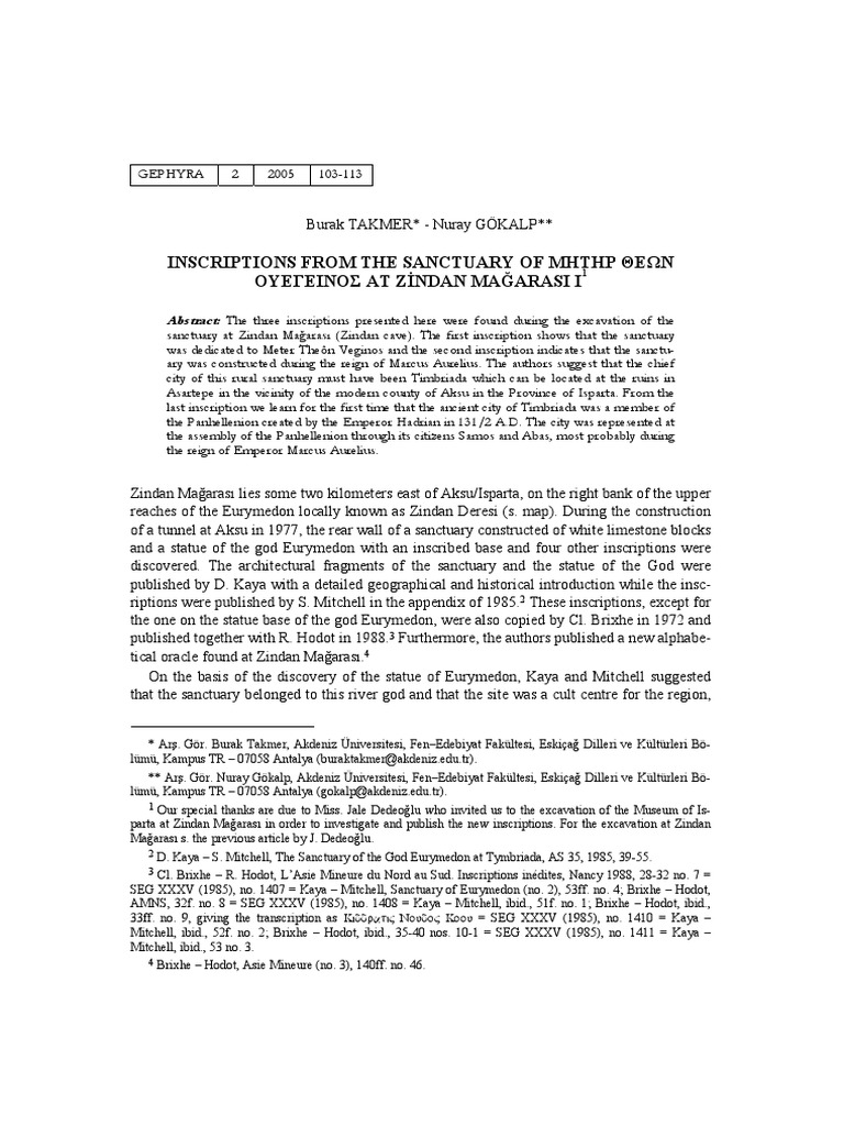 Zindan Magarasi (Gephyra) | PDF | Epigraphy | Roman Empire