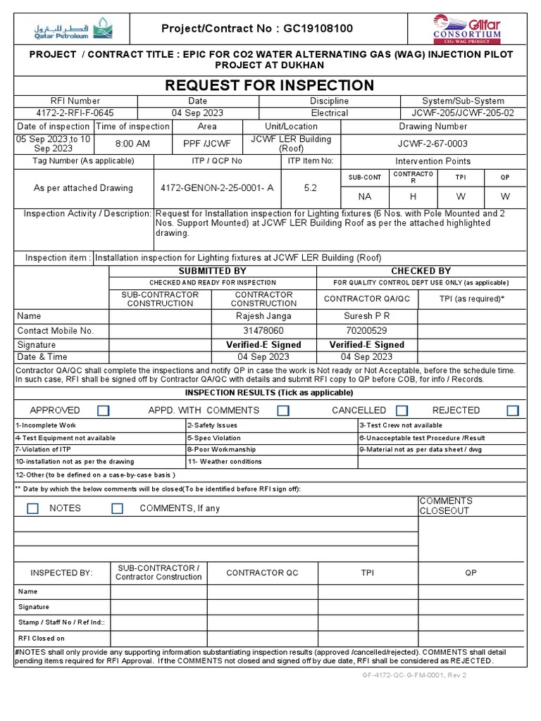 4172-2-RFI-F-0645 Installation Inspection For Lighting Fixtures at JCWF ...