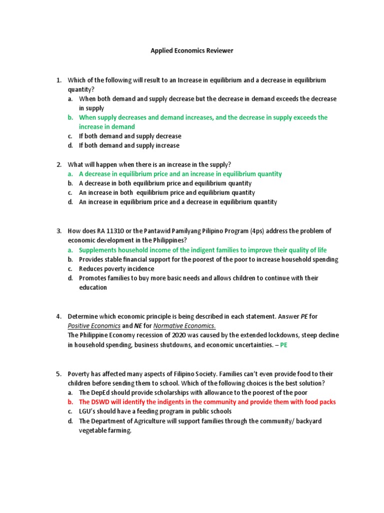 SHS Applied Economics Reviewer | PDF | Economic Equilibrium | Economic ...