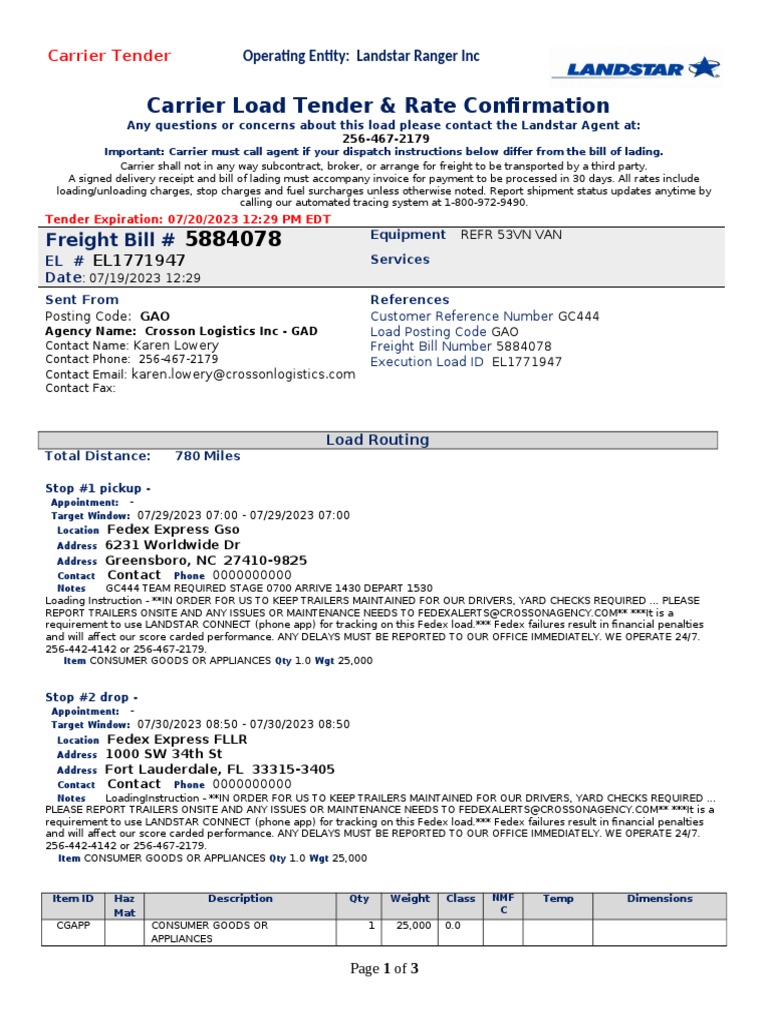 CarrierRateConfirmation EL1771947 | PDF | Cargo | Receipt