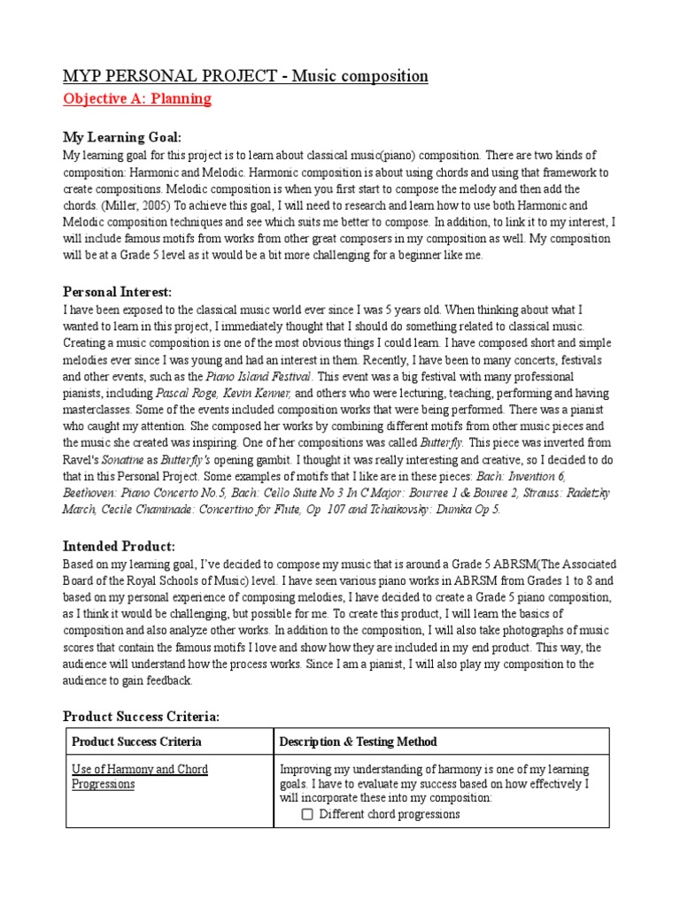 MYP PERSONAL PROJECT - Creating A Music Composition | PDF | Thought ...