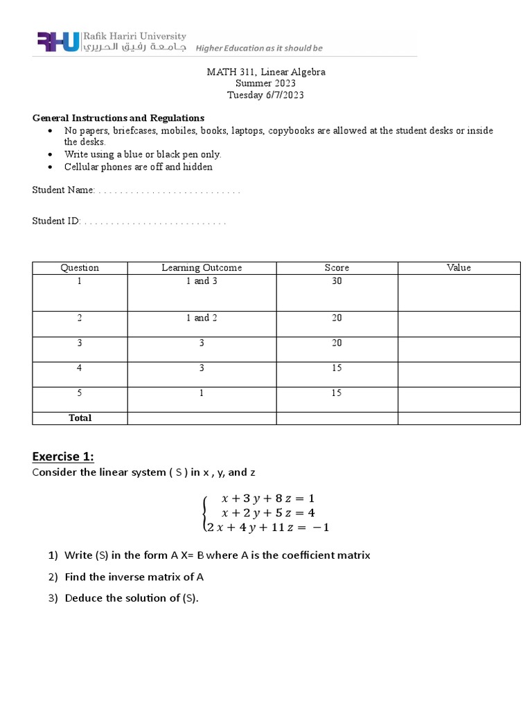 MAT 311 Exam 1 | PDF | Matrix (Mathematics) | System Of Linear Equations