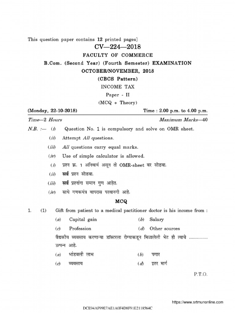 Bcom 4 Sem Income Tax CV 224 Nov 2018 | PDF