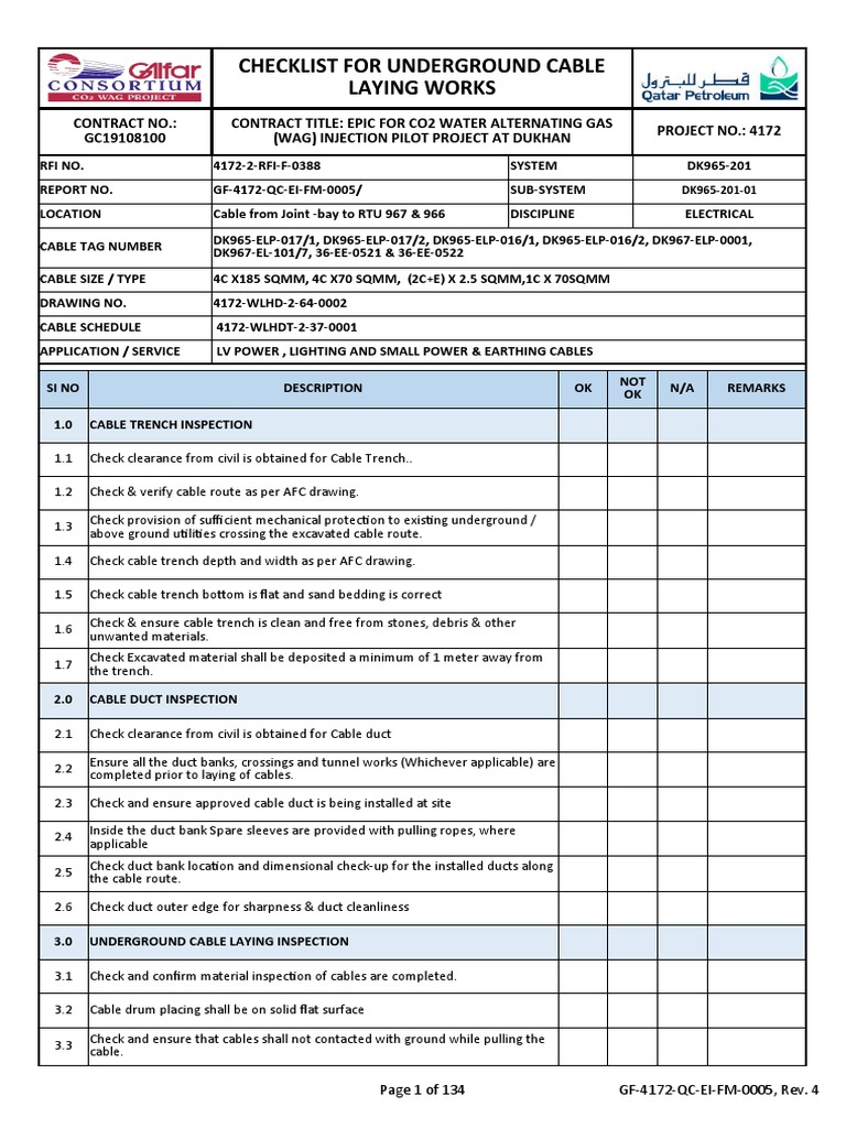 GF-4172-QC-EI-FM-0005, Rev. 4 CHECKLIST FOR UNDERGROUND CABLE LAYING ...