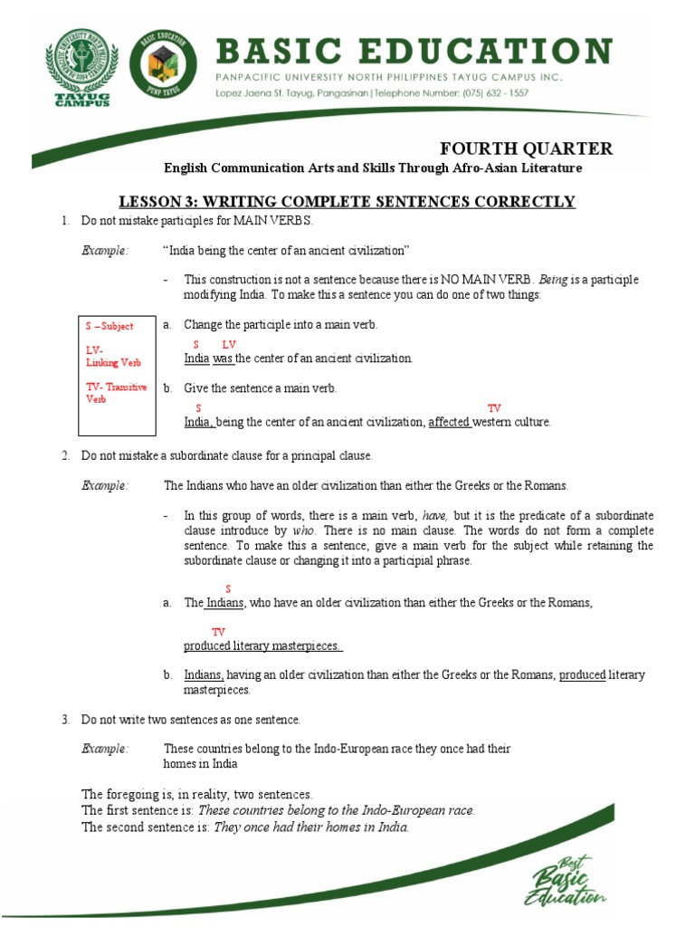Lesson 3 Writing Complete Sentences Correctly | PDF
