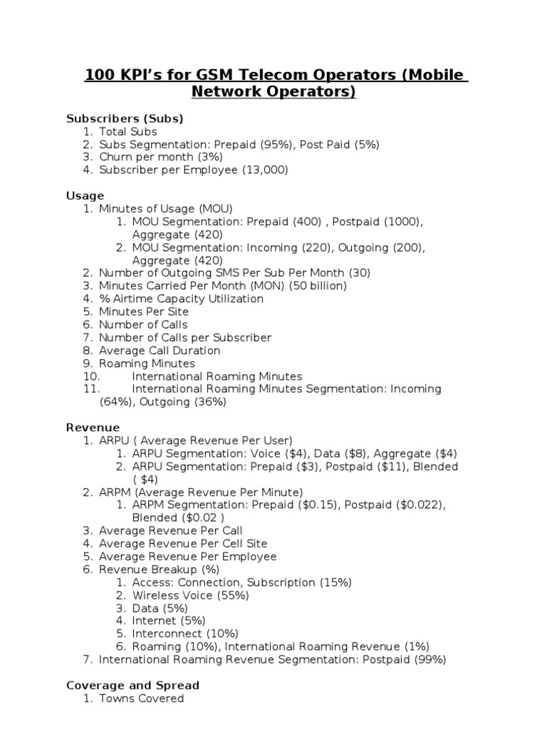 GSM 100 Kpi | PDF | Roaming | Revenue