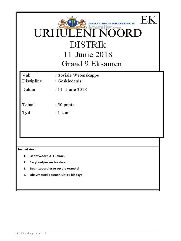 SW-Graad-9-Geskiedenis-Junie-Eksamen-2018-Vraestel 2 | PDF