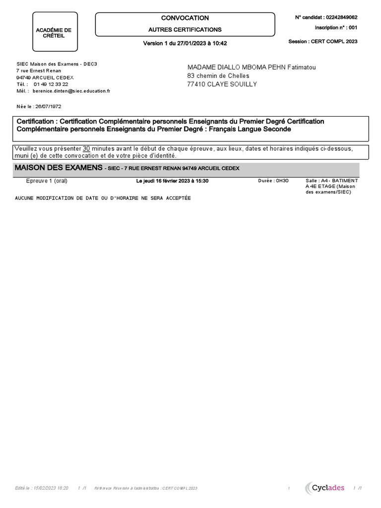 Convocation Avec Epreuves V1 20230127 | PDF