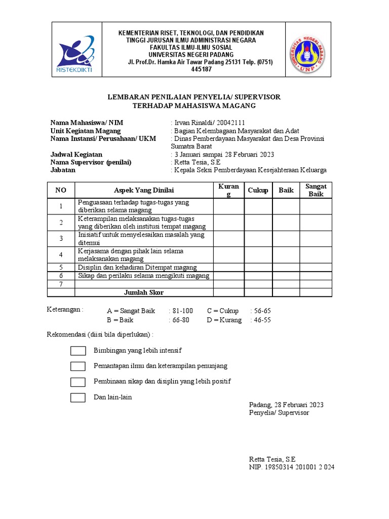 Lembaran Penilaian Penyelia | PDF