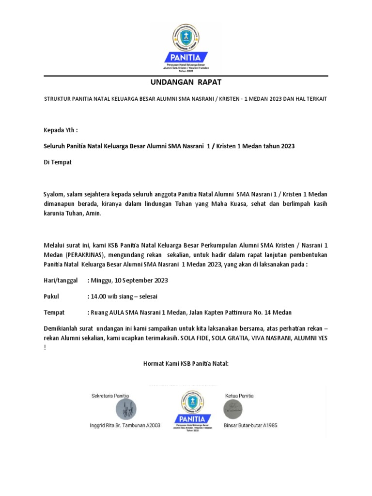 Undangan Rapat Panitia Natal Sma Nasrani 1 Medan 2023 | PDF