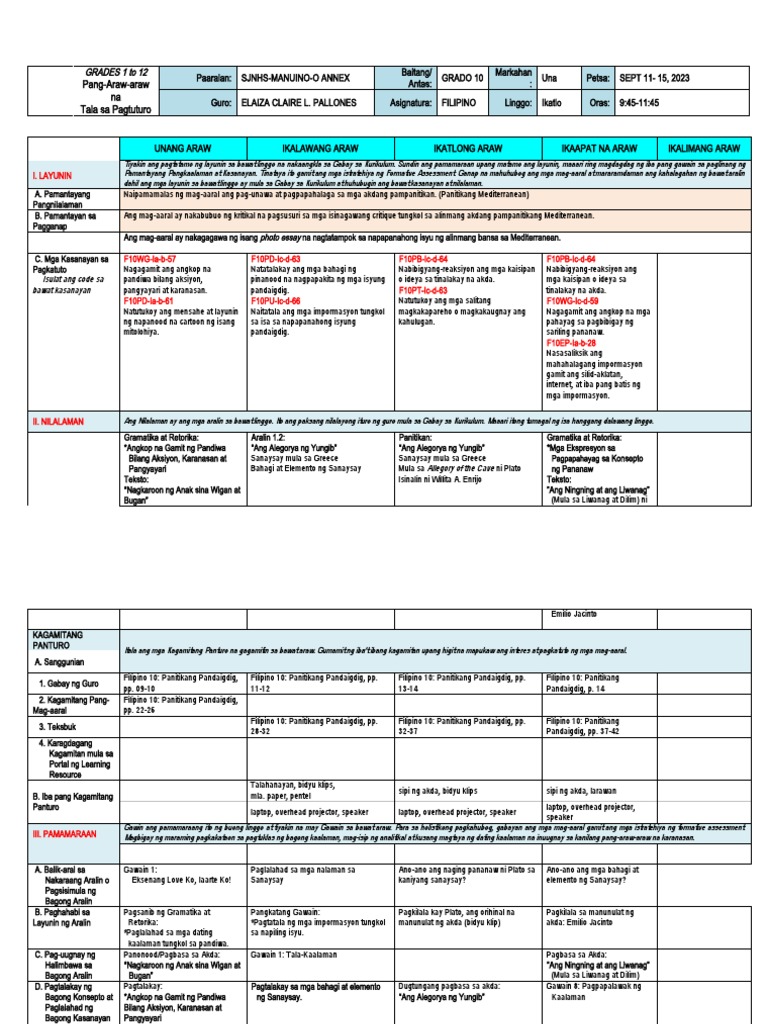 2 DLL IN FILIPINO 10. Aralin 1.2 | PDF