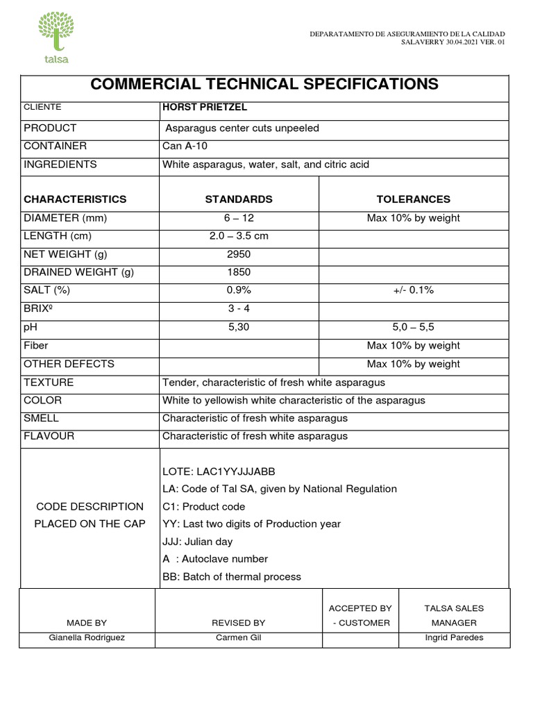 Asparagus Center Cuts Specifications | PDF