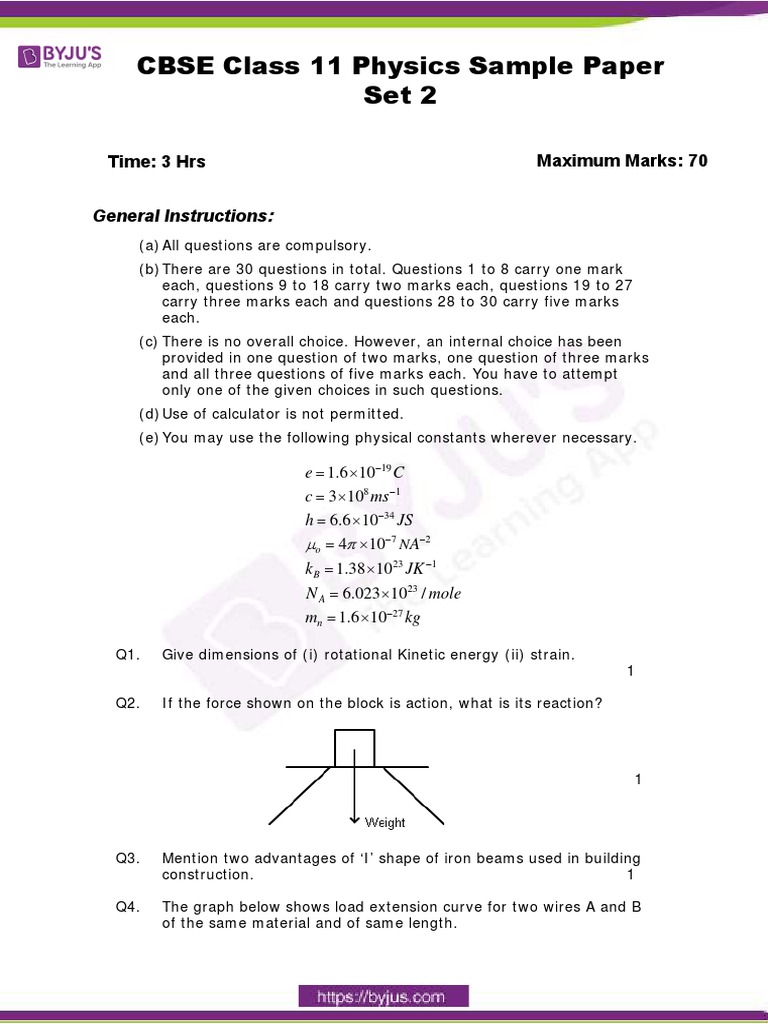 CBSE Class 11 Physics Sample Paper Set 2 | PDF | Torque | Force