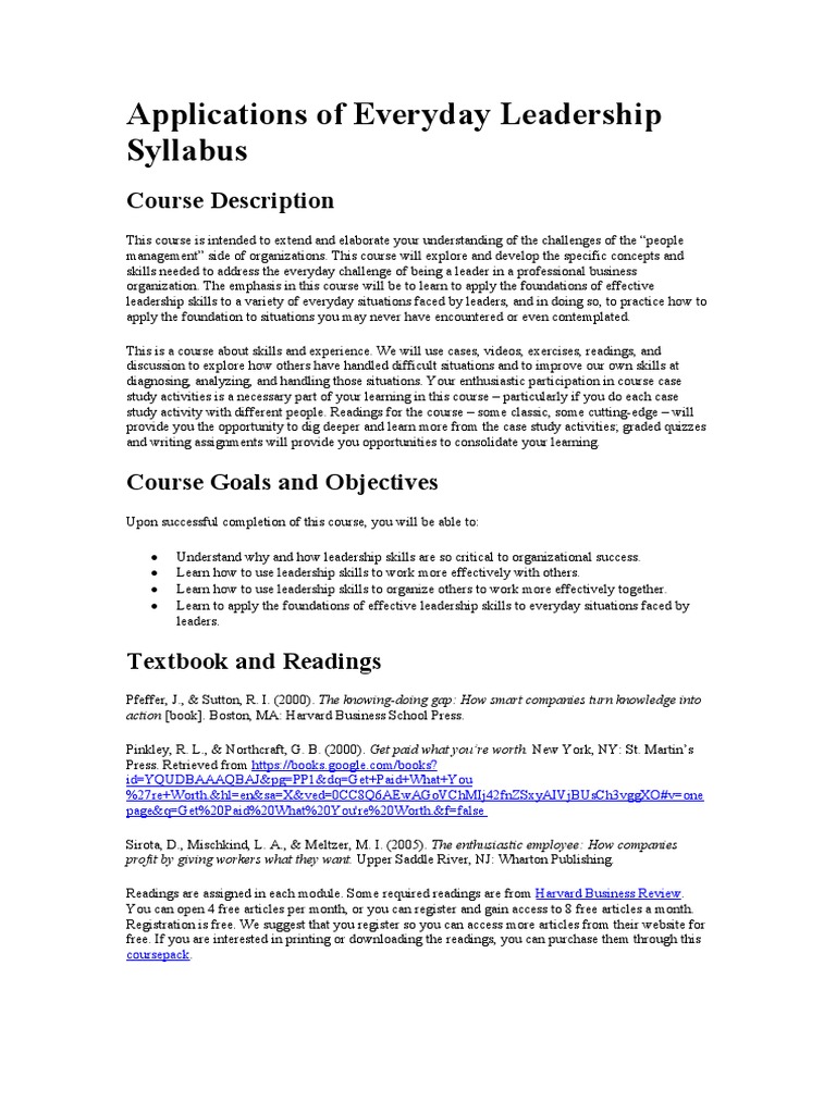 Applications of Everyday Leadership Syllabus | PDF