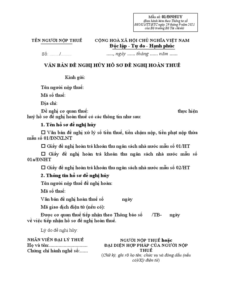 van-ban-de-nghi-huy-ho-so-de-nghi-hoan-thue - Copy | PDF
