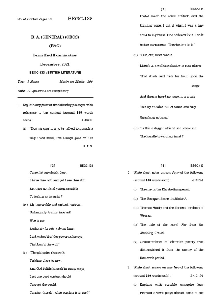 BEGC-133 British Literature Exam Paper | PDF | Young Adult | General ...