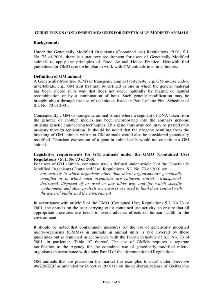 Guidelines On Containment Measures For GM Animals | PDF | Genetic ...