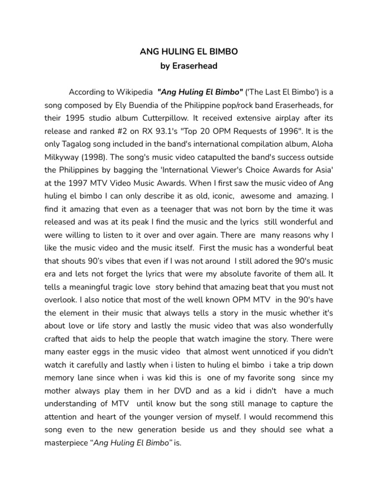 Reflection Paper of The Song Huling Elbimbo Song | PDF