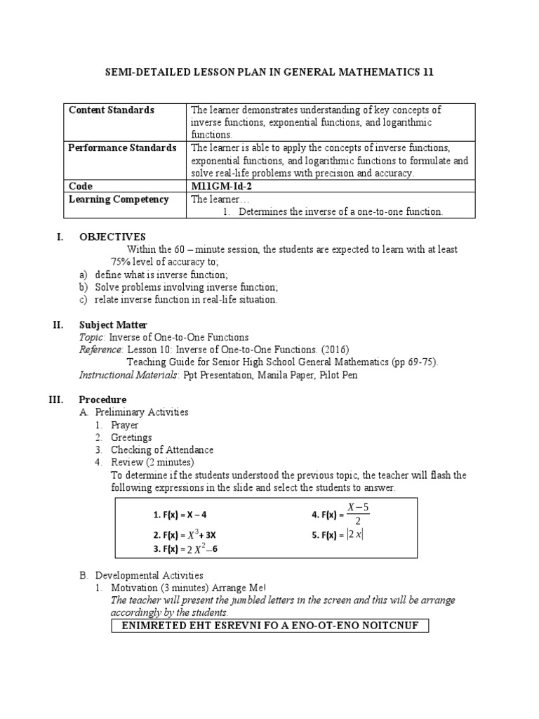 Semi Detailed Lesson Plan in Gen Math 11 | PDF