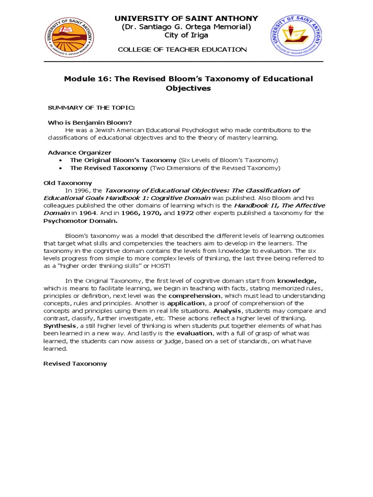 Module 16. Bloom's Taxonomy | Download Free PDF | Learning | Behavioural Sciences