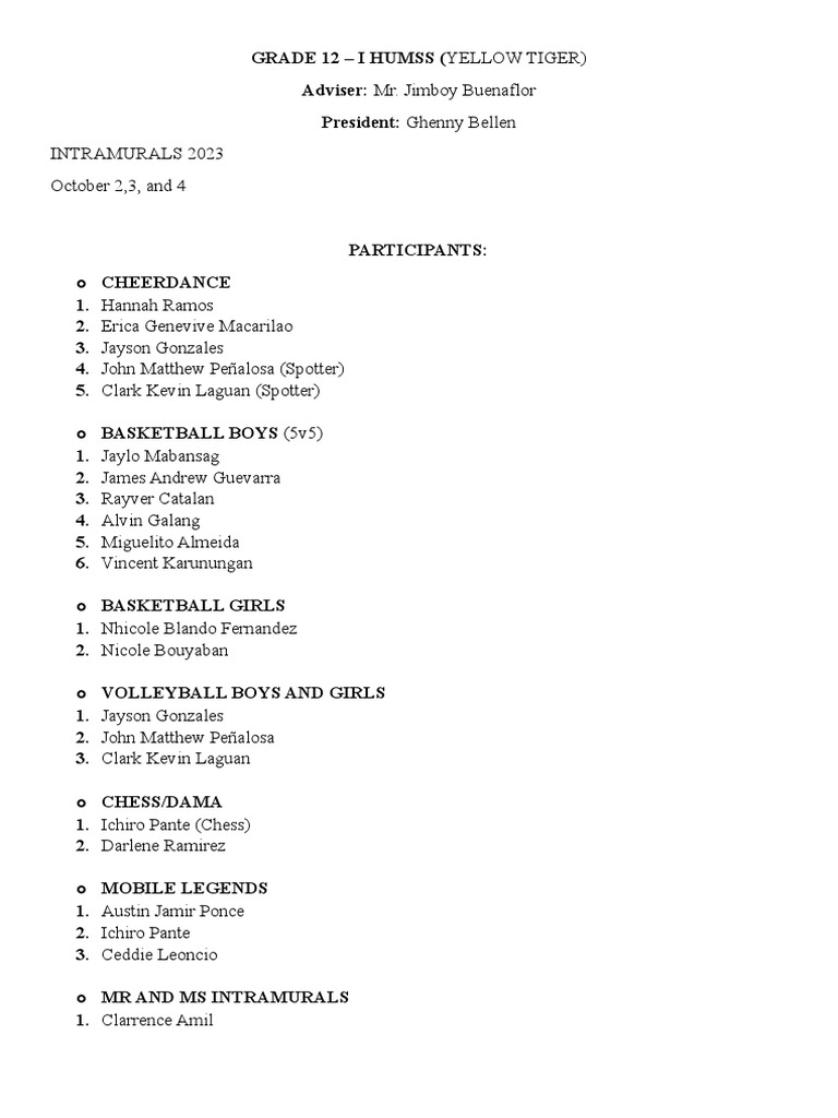 Grade 12 HUMSS Intramurals 2023 | PDF