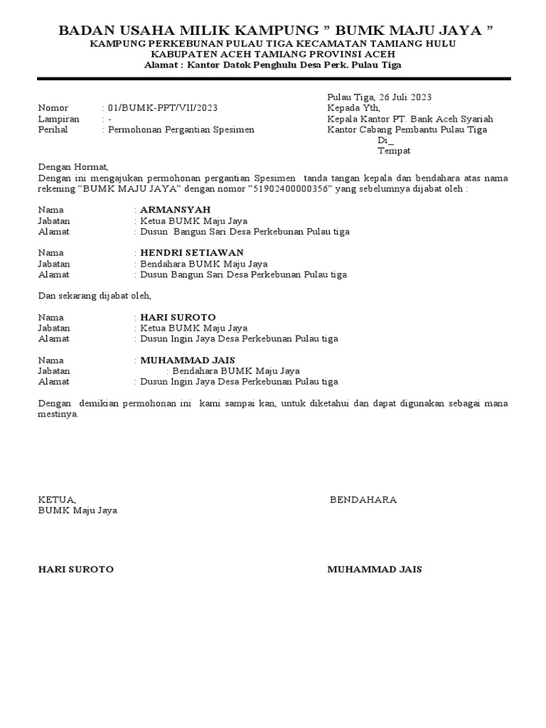 Permohonan Spesimen Pergantian Data Bumdes | PDF