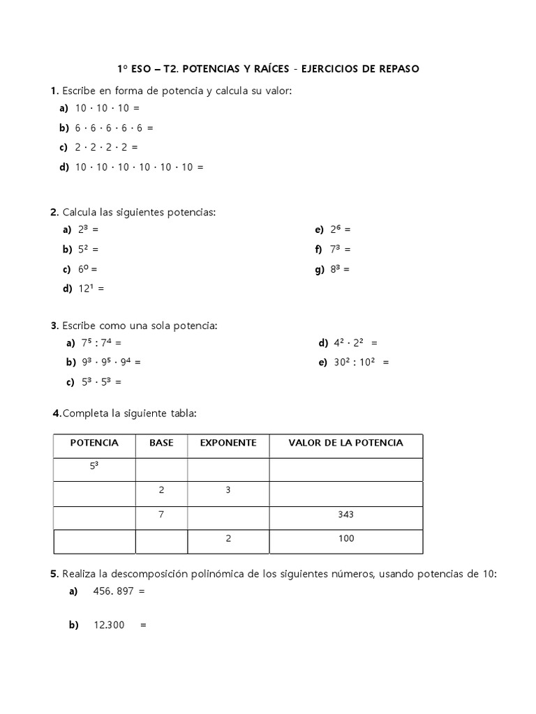 1ESO_POTENCIAS Y RAÍCES_ejercicios Repaso | PDF | Ajedrez