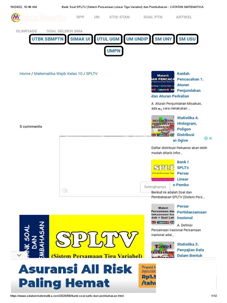 Bank Soal SPLTV (Sistem Persamaan Linear Tiga Variabel) Dan Pembahasan - CATATAN MATEMATIKA | PDF