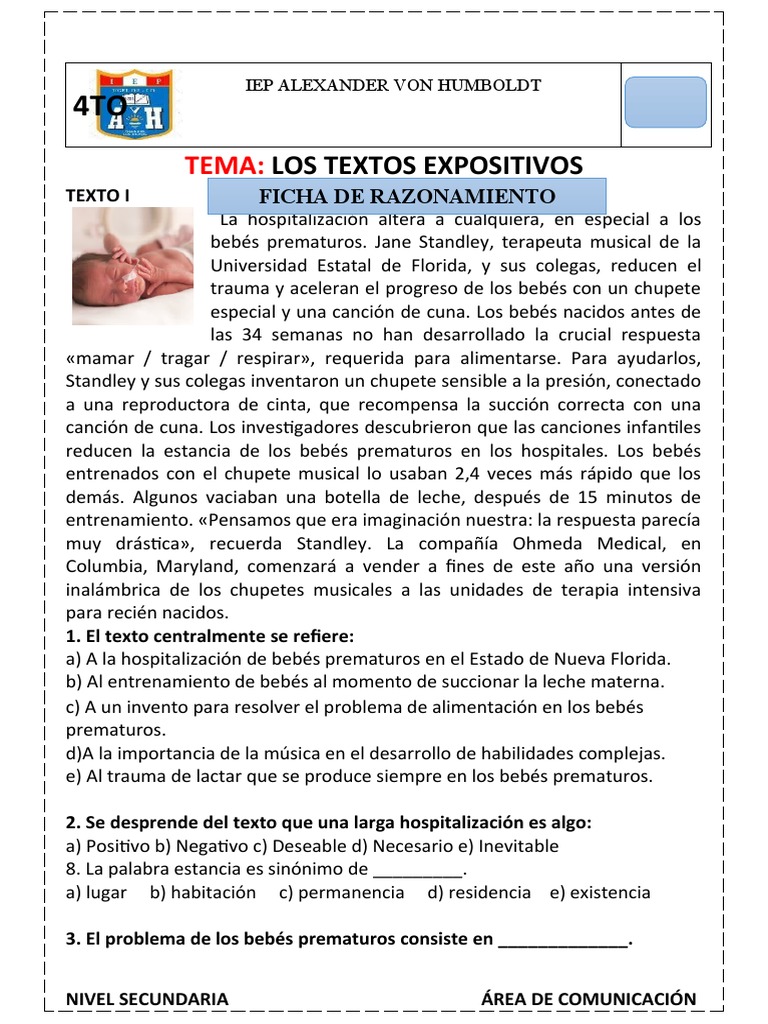 El Texto Expositivo. Ficha de Trabajo | PDF | Dormir | Sueño