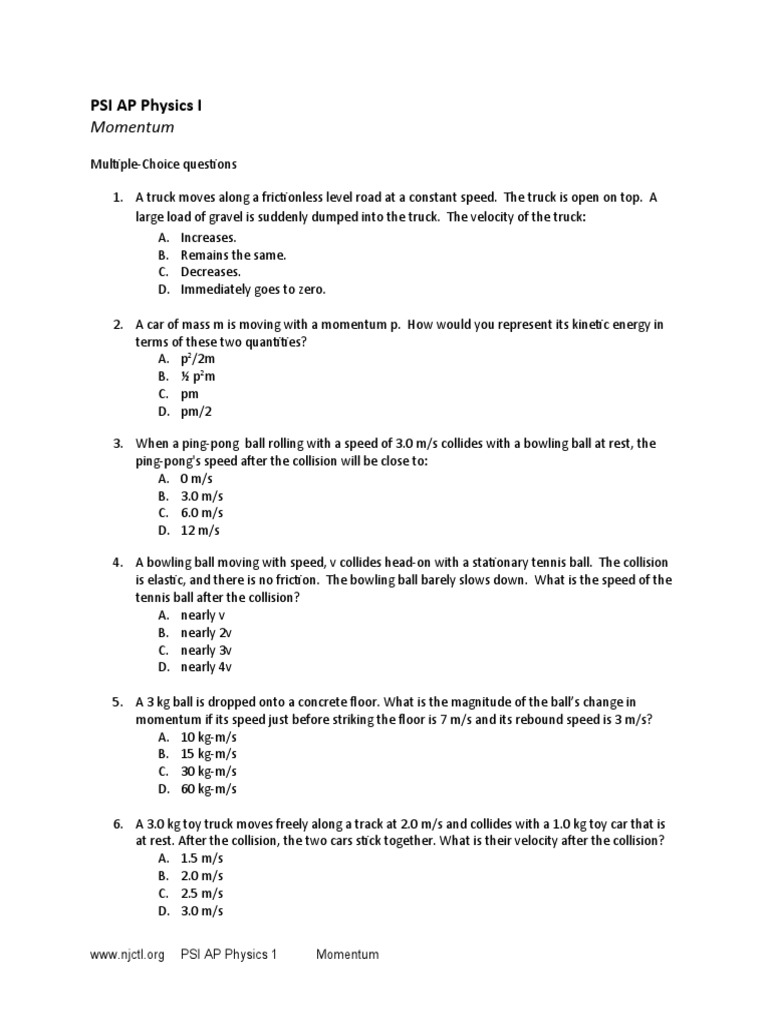 AP Physics I Momentum MCQs | PDF | Collision | Momentum