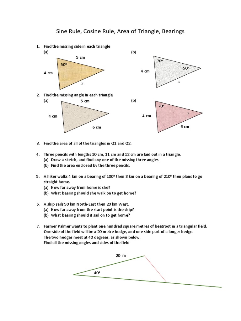 HW. - Sine Cosine Rule Area Bearings 1 | PDF