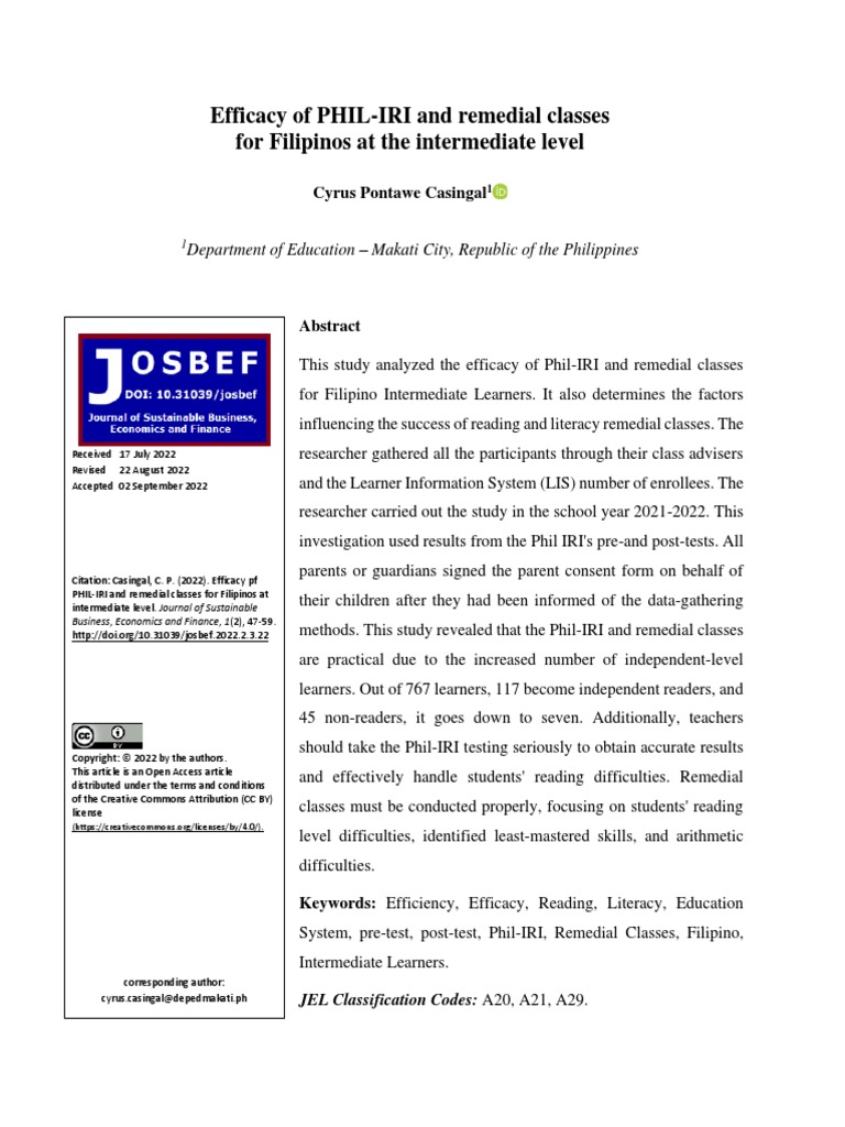 Efficacy of PHIL-IRI and Remedial Classes For Filipinos at The Intermediate Level | PDF