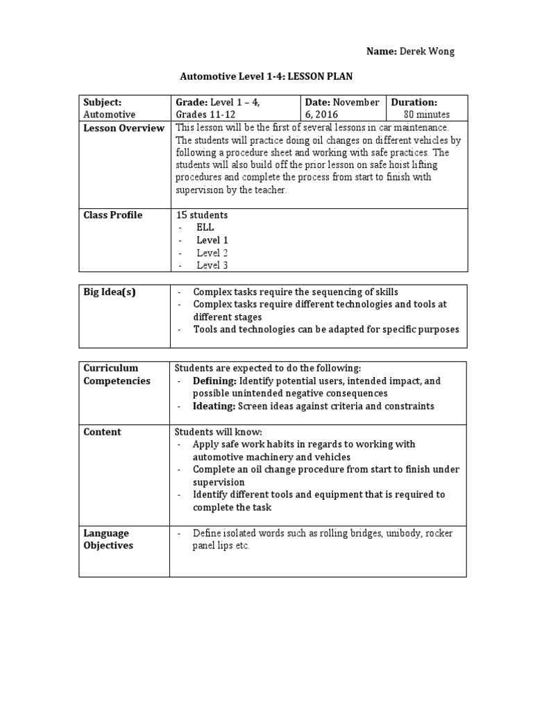 Oil Change Procedure Lesson Plan | PDF | Lesson Plan | Motor Oil
