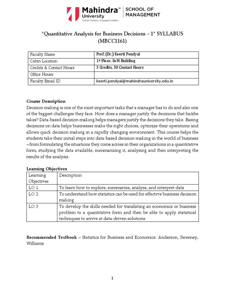 QA1 Course Outline | PDF