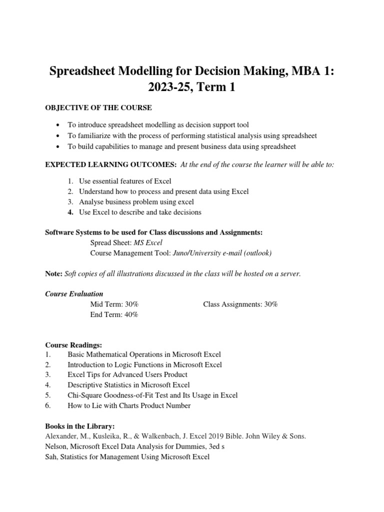 Spreadsheet Modelling Course Outline Pdf