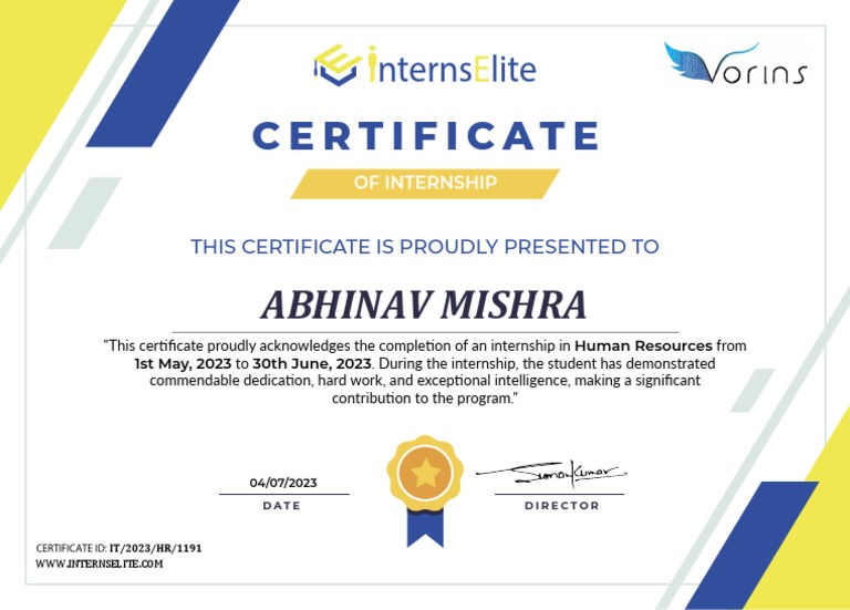 Certificate of Internship-ABHINAV MISHRA - HR - InternsElite | PDF