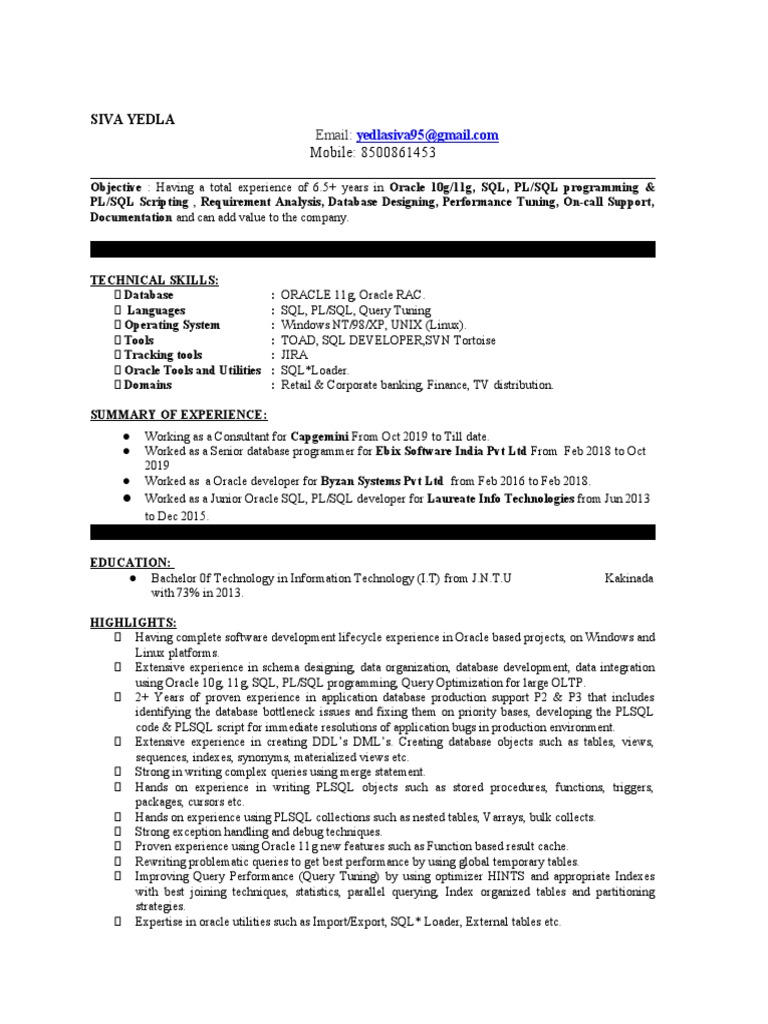 Siva Resum | PDF | Pl/Sql | Databases Siva Resum | PDF | Pl/Sql | Databases