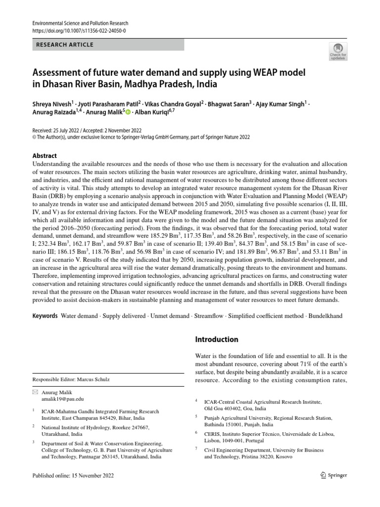 Assessment of Future Water Demand and Supply Using WEAP Model in Dhasan ...