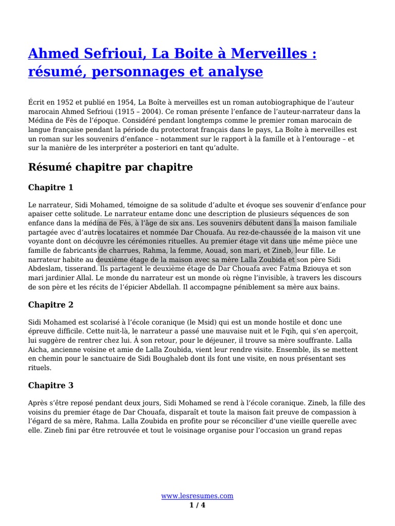 Ahmed Sefrioui La Boite A Merveilles Resume Personnages Et Analyse | PDF | Romans | Maroc
