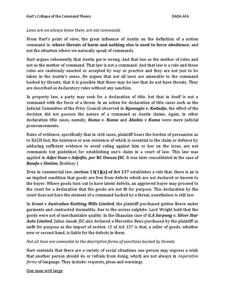 Hart's Critique of The Command Theory | PDF | Sovereignty | Offer And ...