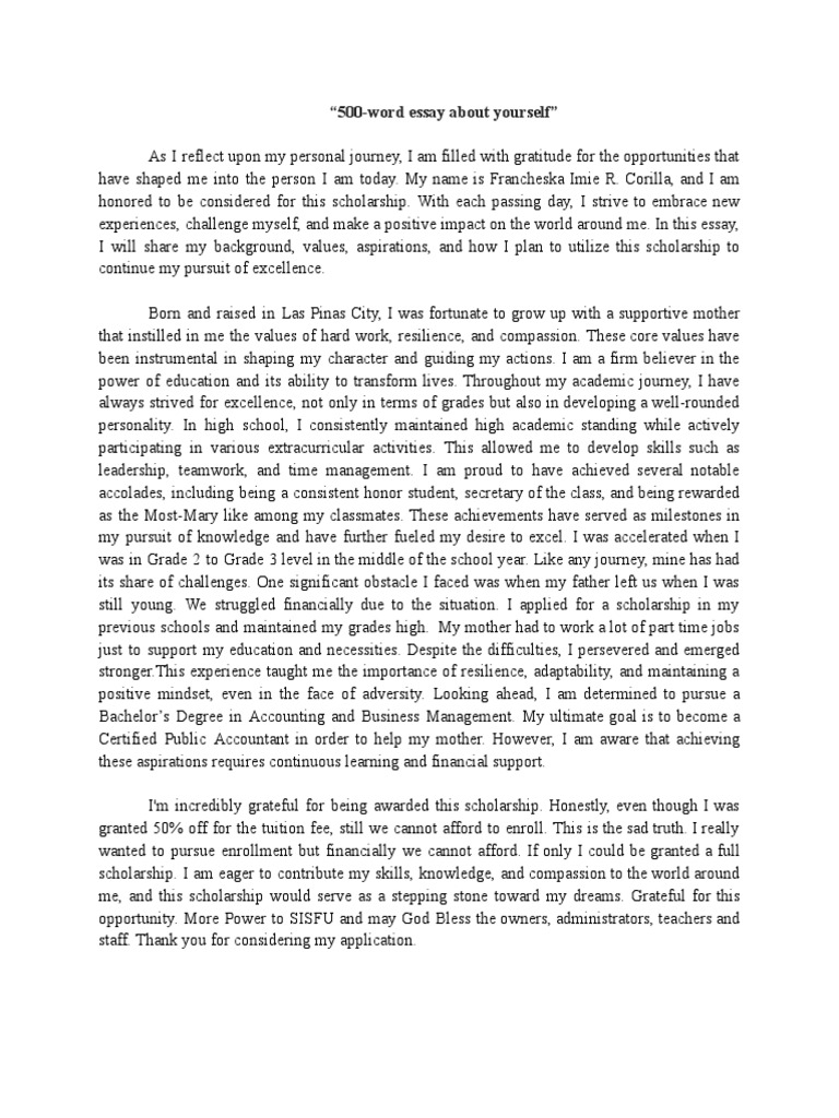 500-Word Personal Essay for Scholarship | PDF | Cognition | Behavior ...